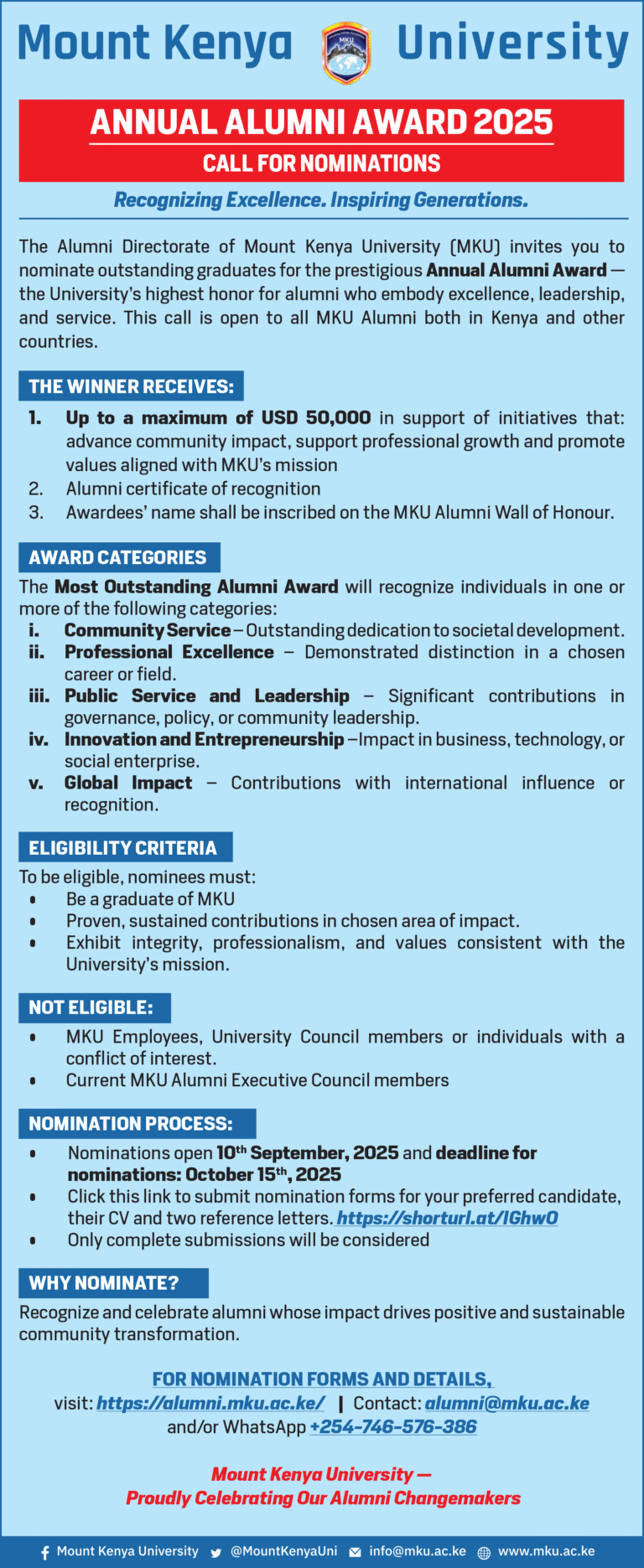 Call for Nominations: MKU Annual Alumni Award 2025 - Mount Kenya University