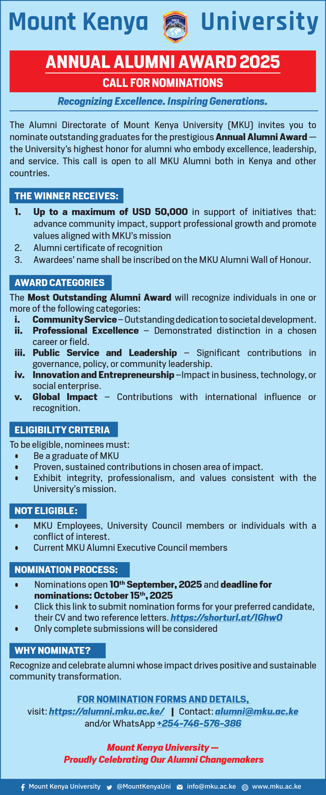 Call for Nominations: MKU Annual Alumni Award 2025 - Mount Kenya University
